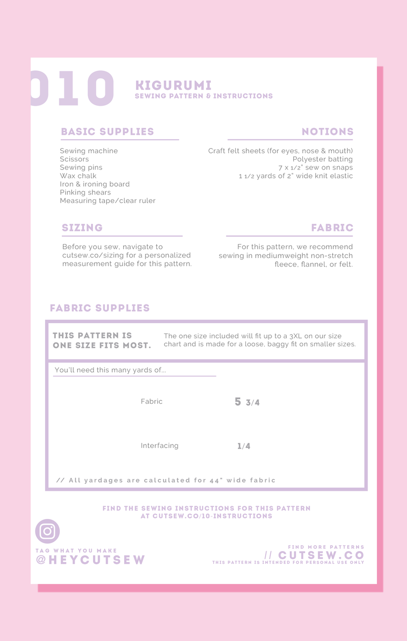 Kigurumi Sewing Pattern // CUT/SEW – CUT/SEW Patternmaking